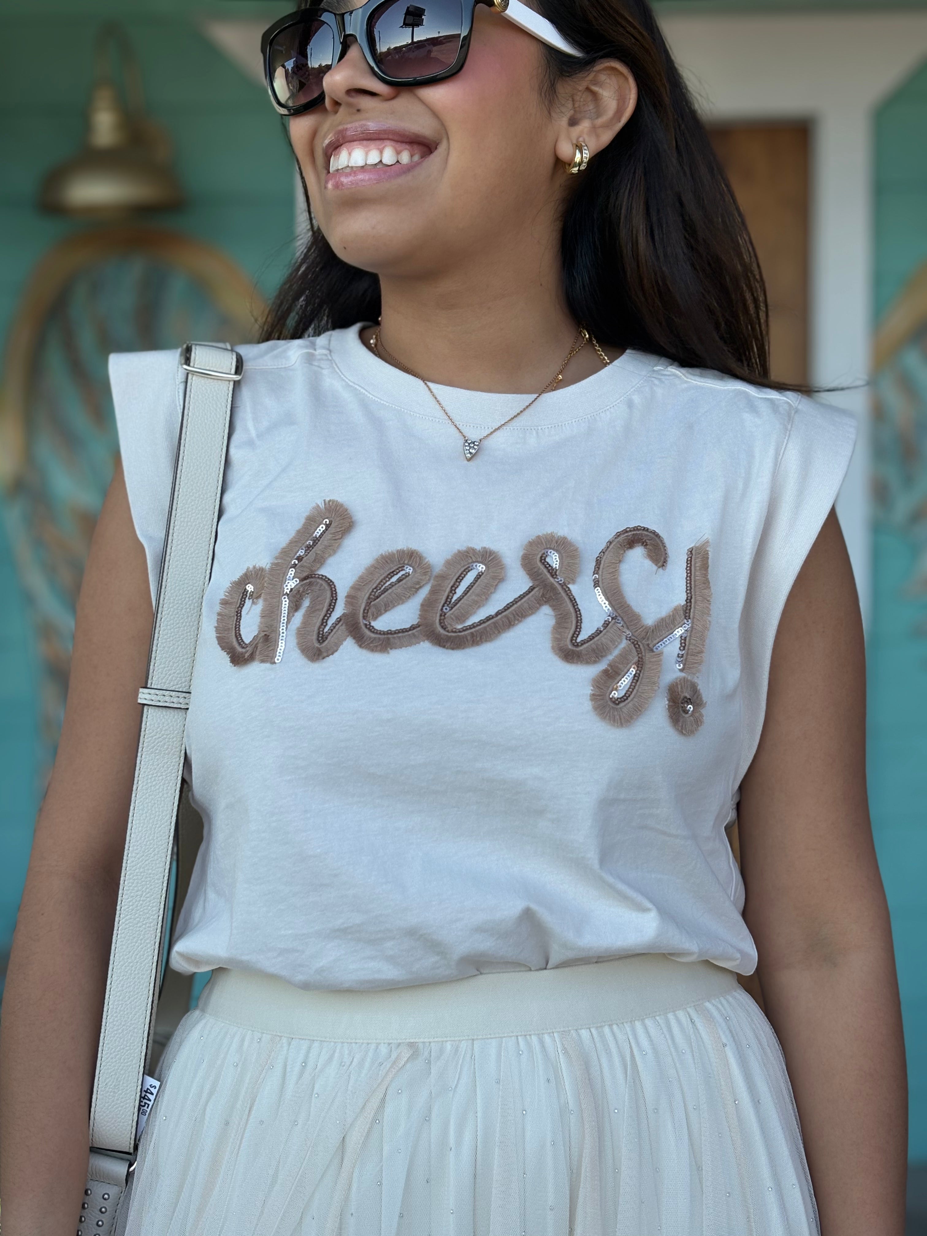 Cream Cheers Tinsel Top – Rhinestone Angel